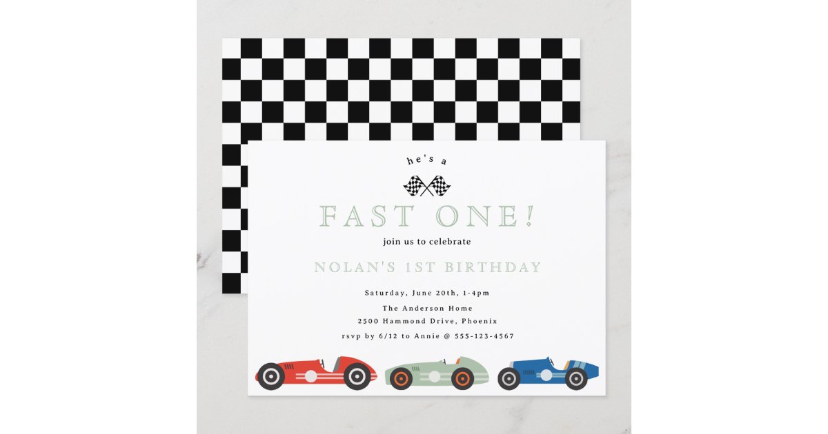 Retro Race Car Fast One Theme Birthday Invitation | Zazzle