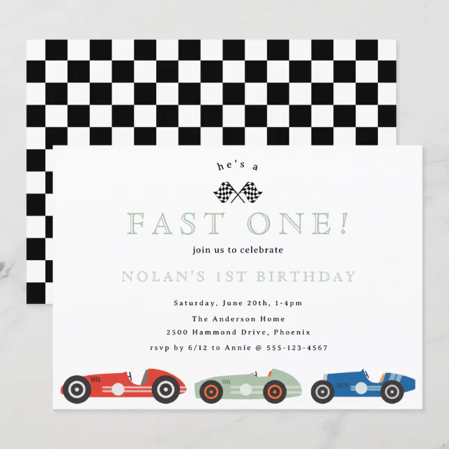 Retro Race Car Fast One Theme Birthday Invitation | Zazzle