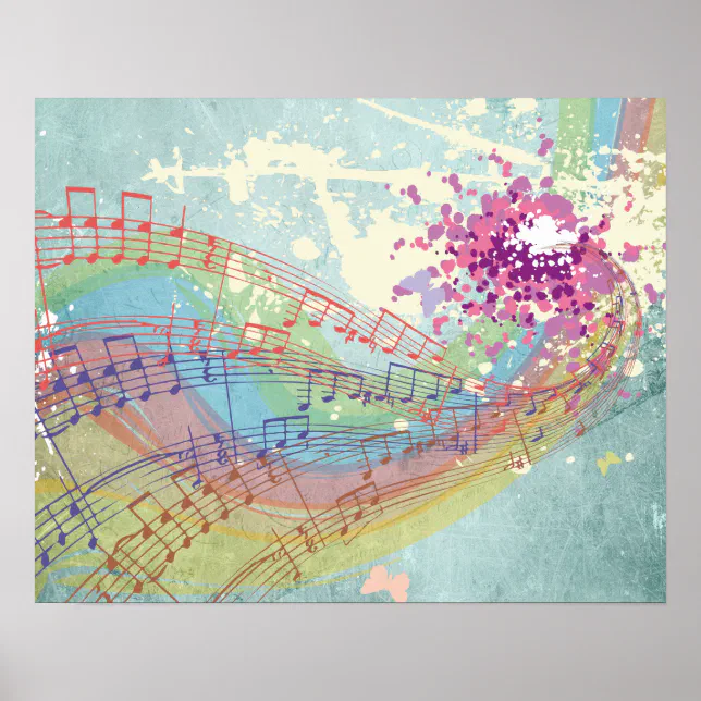 Retro Rainbow and Music Notes on a Shabby Texture Poster | Zazzle
