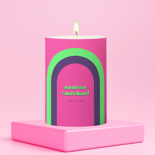 Retro Rainbow Arch Groovy 70s Pink & Teal Wedding Pillar Candle | Zazzle