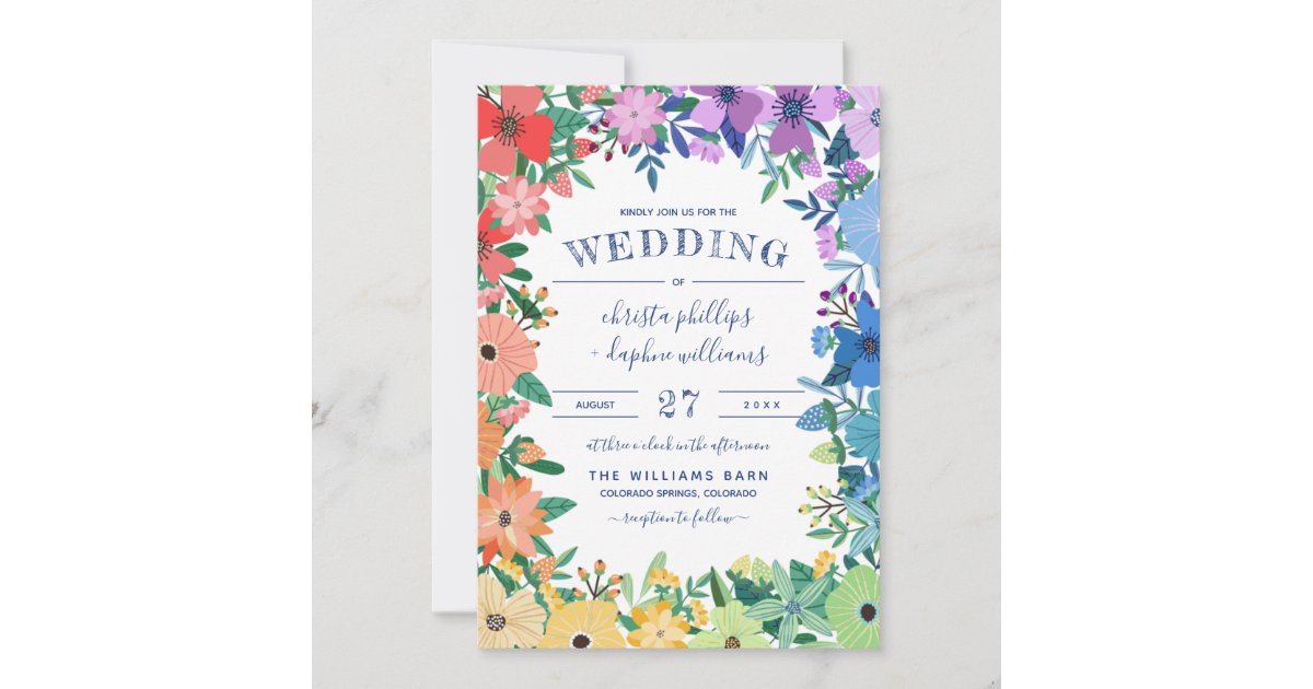Retro Rainbow Flowers Gay Lesbian Wedding Invitation Zazzle