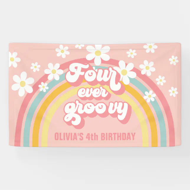 Retro Rainbow Four Ever Groovy 4th Birthday Banner | Zazzle