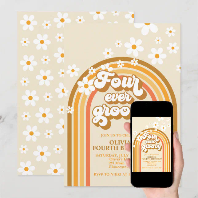 Retro Rainbow Four Ever Groovy 4th Birthday Invitation | Zazzle