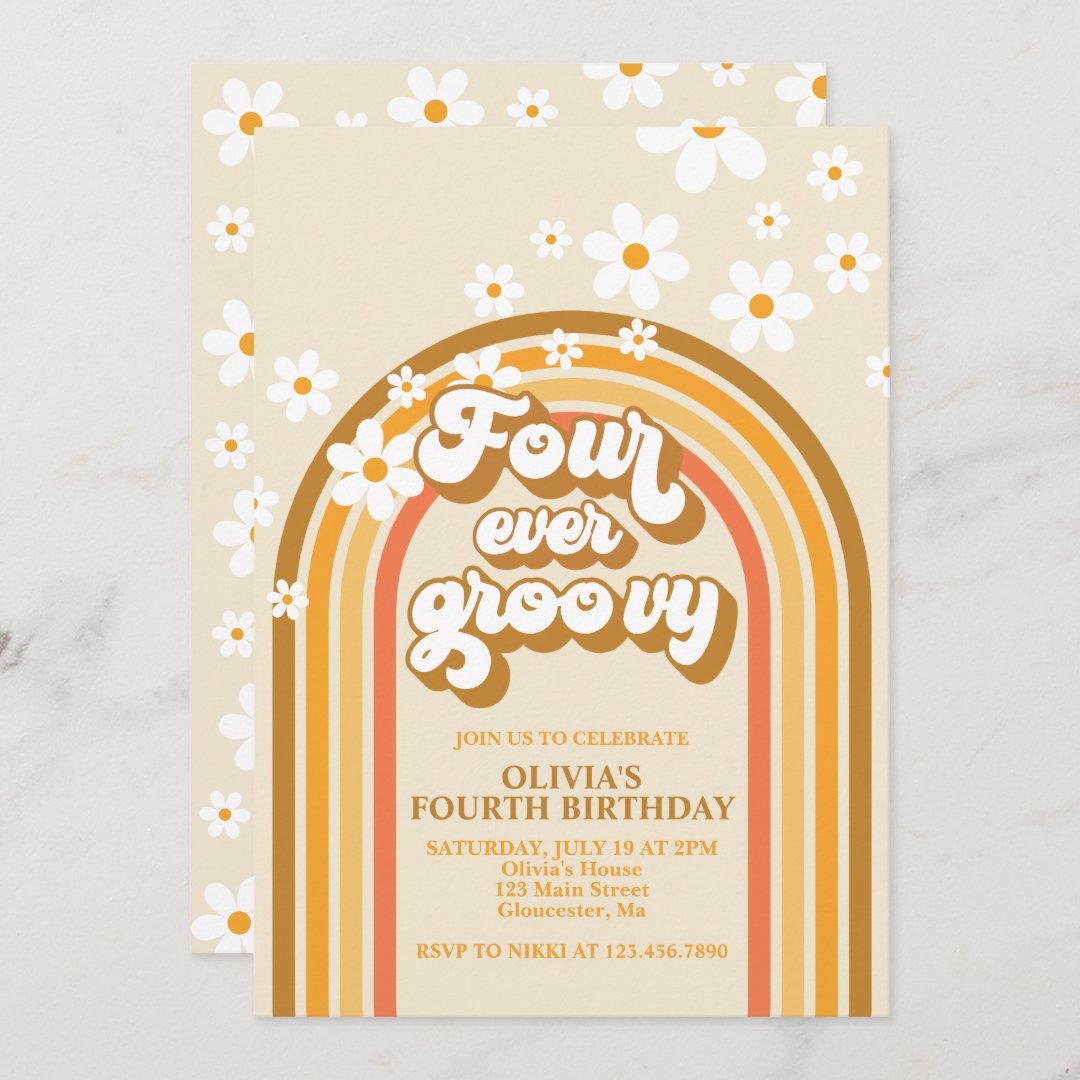 Retro Rainbow Four Ever Groovy 4th Birthday Invitation | Zazzle