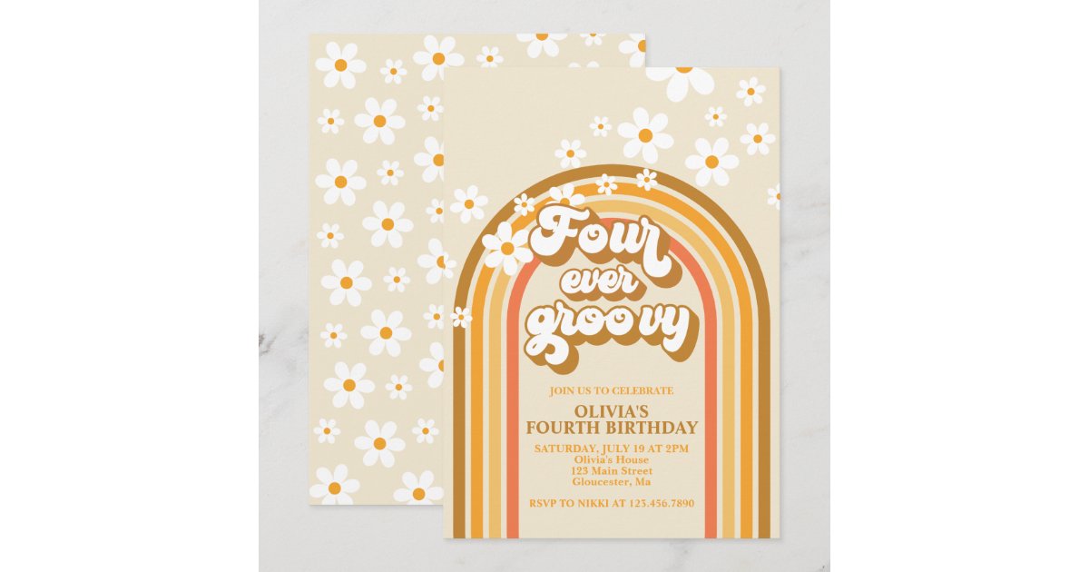 Retro Rainbow Four Ever Groovy 4th Birthday Invitation | Zazzle