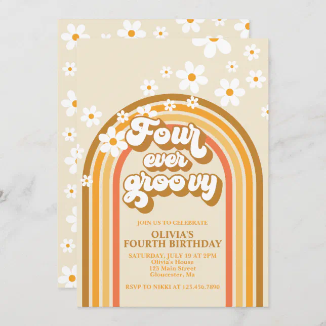 Retro Rainbow Four Ever Groovy 4th Birthday Invitation | Zazzle