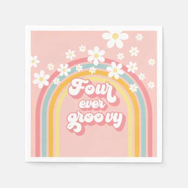 Retro Rainbow Four Ever Groovy 4th Birthday Napkins | Zazzle