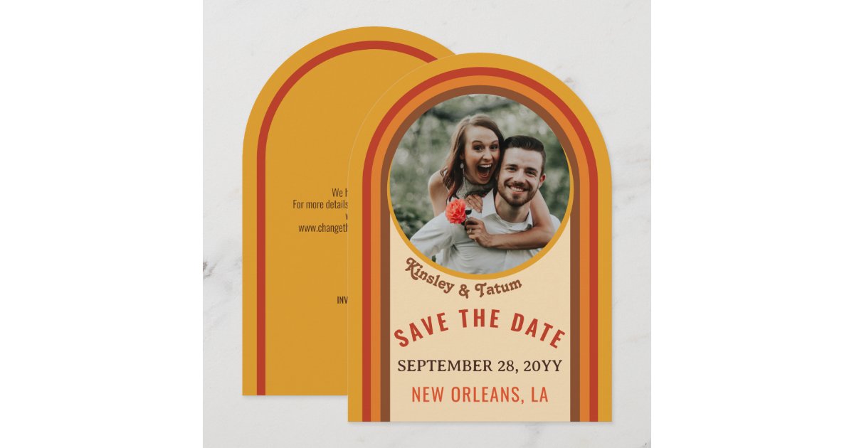 Retro Rainbow Groovy Arch Photo Save the Date | Zazzle