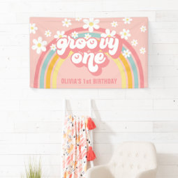 Retro Rainbow Groovy One 1st Birthday Banner | Zazzle