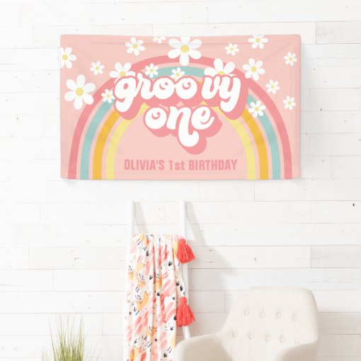 Retro Rainbow Groovy One 1st Birthday Banner | Zazzle