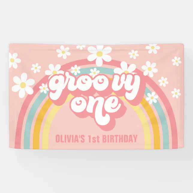 Retro Rainbow Groovy One 1st Birthday Banner | Zazzle