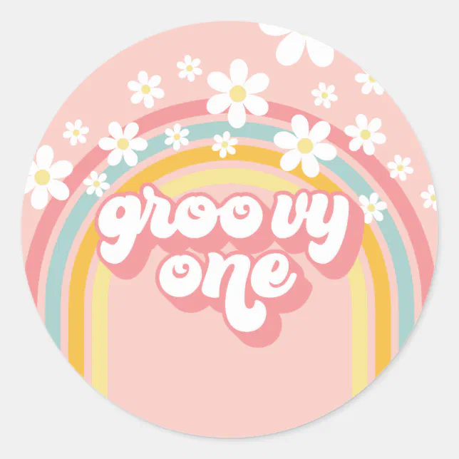 Retro Rainbow Groovy One 1st Birthday Classic Round Sticker | Zazzle