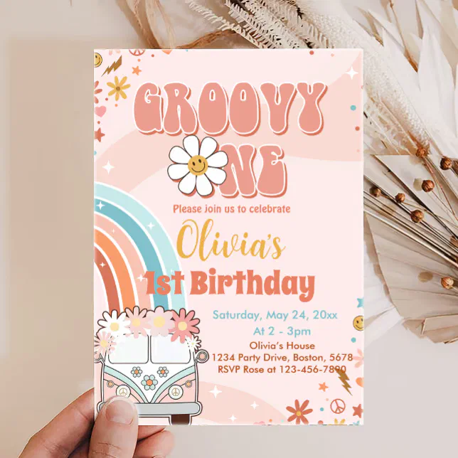 Retro Rainbow Groovy One 1st Birthday Invitation | Zazzle