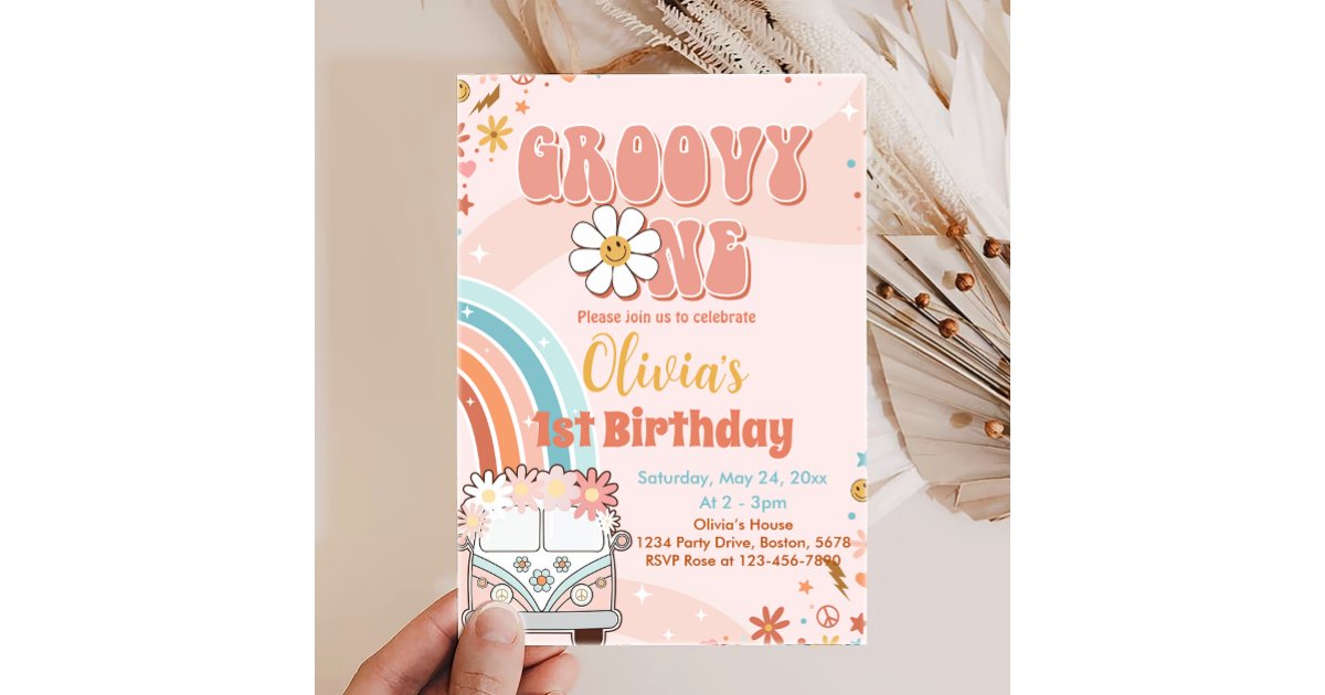 Retro Rainbow Groovy One 1st Birthday Invitation | Zazzle