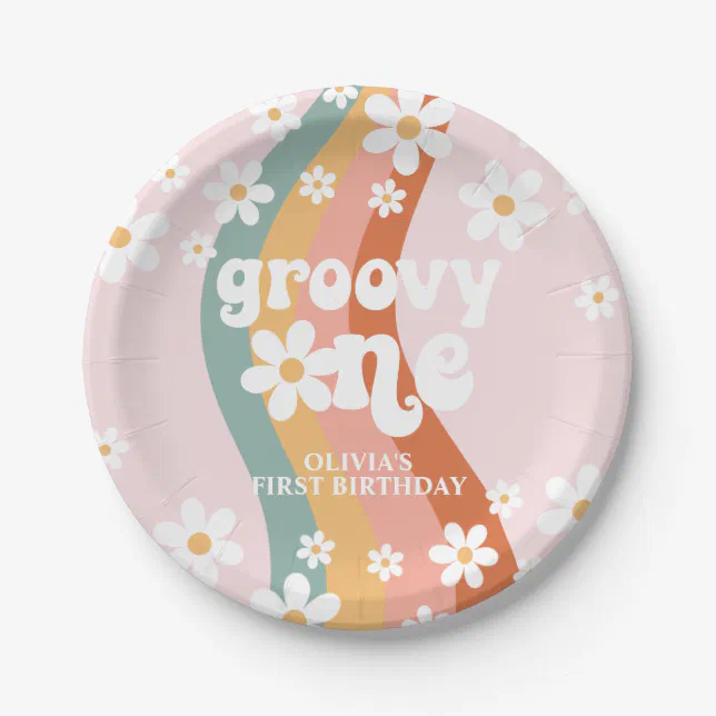 Retro Rainbow Groovy One Daisy Paper Plates | Zazzle