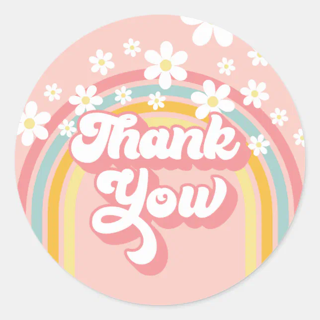 Retro Rainbow Groovy Thank You Classic Round Sticker | Zazzle