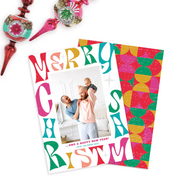 Retro Rainbow Merry Christmas 1 Photo Holiday Card | Zazzle