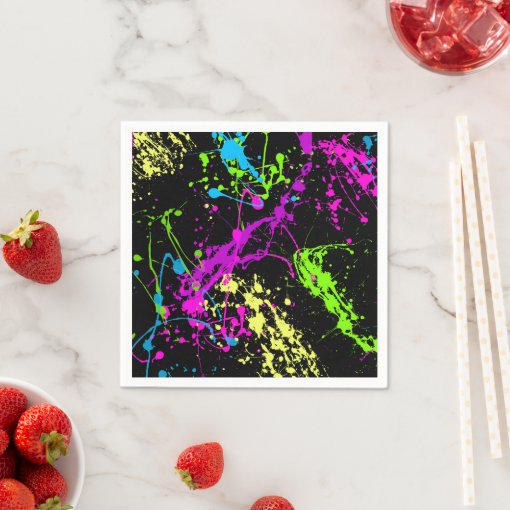 Retro Rainbow of Neon Paint Splatters on Black Paper Napkins | Zazzle