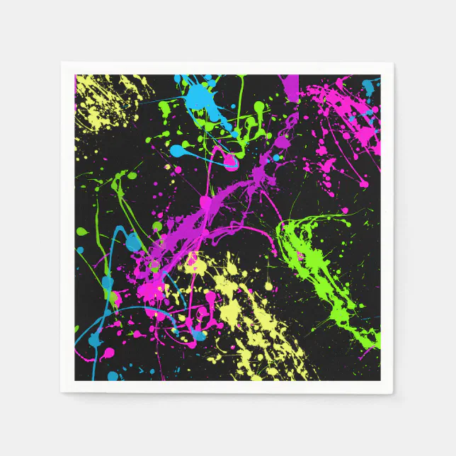 Retro Rainbow of Neon Paint Splatters on Black Paper Napkins | Zazzle