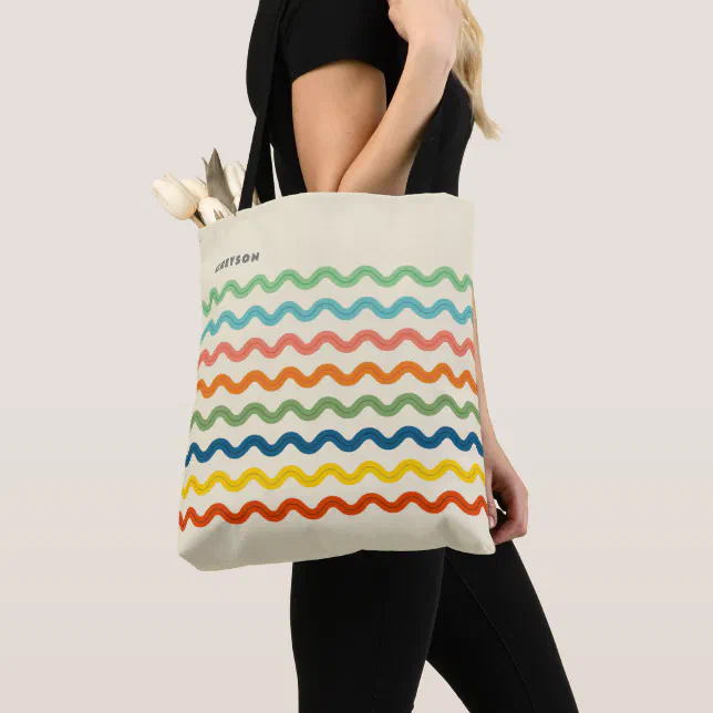 Retro Rainbow Ric Rac Stripes with Name Tote Bag | Zazzle