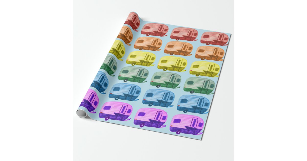Retro Rainbow Trailers Motorhome RV on Blue Wrapping Paper | Zazzle