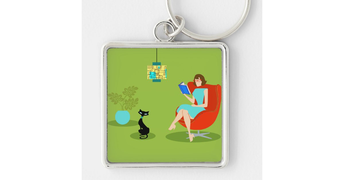 Retro Reading Woman Keychain | Zazzle