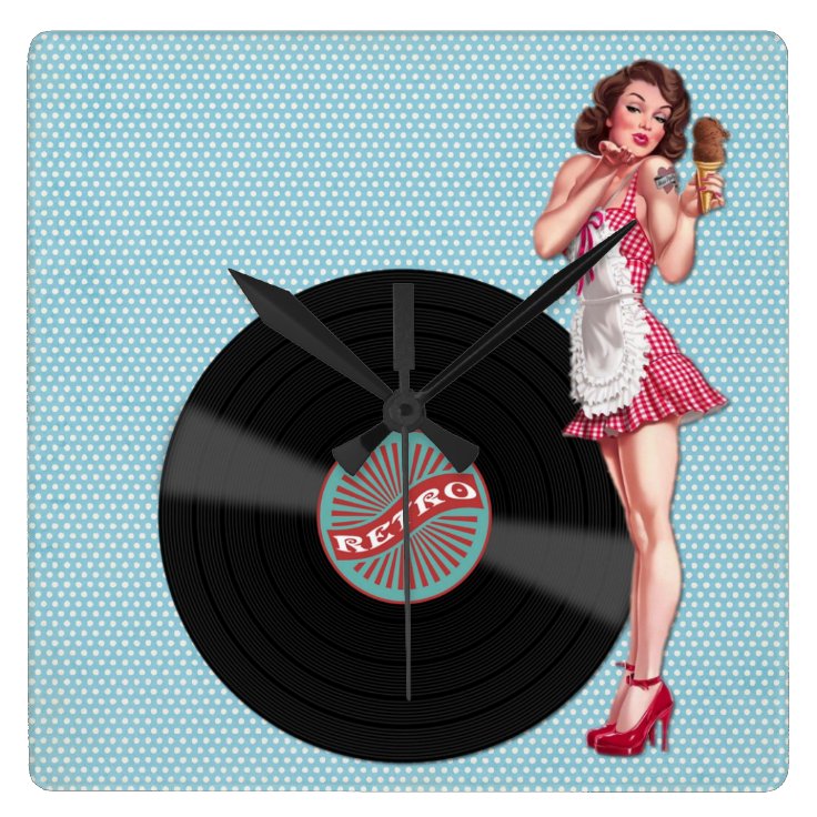 Retro Record Pin Up Girl Square Wall Clock | Zazzle