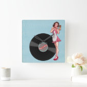 Retro Record Pin Up Girl Square Wall Clock | Zazzle