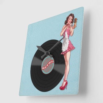 Retro Record Pin Up Girl Square Wall Clock | Zazzle