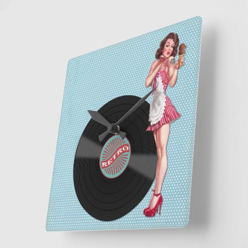 Retro Record Pin Up Girl Square Wall Clock | Zazzle