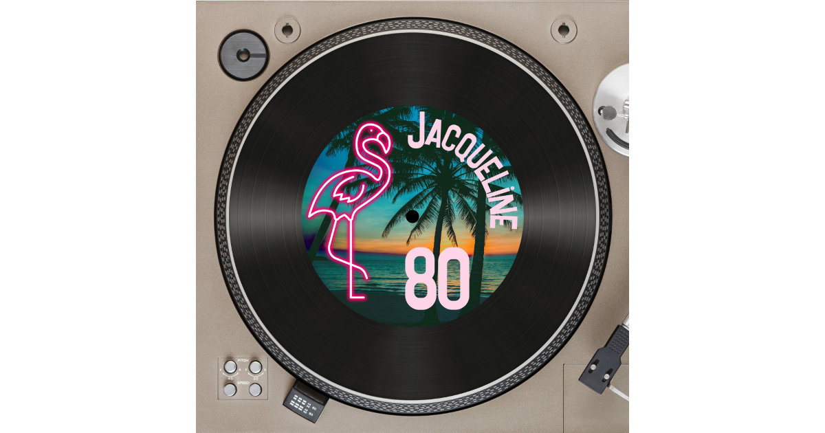 Retro Record Tropical Neon Flamingo 80th Birthday Invitation | Zazzle