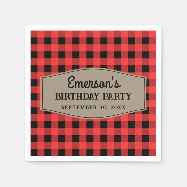 Retro Red and Black Buffalo Plaid Pattern Birthday Napkins | Zazzle