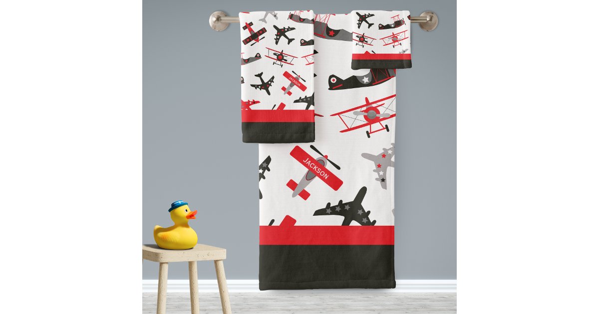 Retro Red and Black WWII Military Airplane Pattern Bath Towel Set | Zazzle