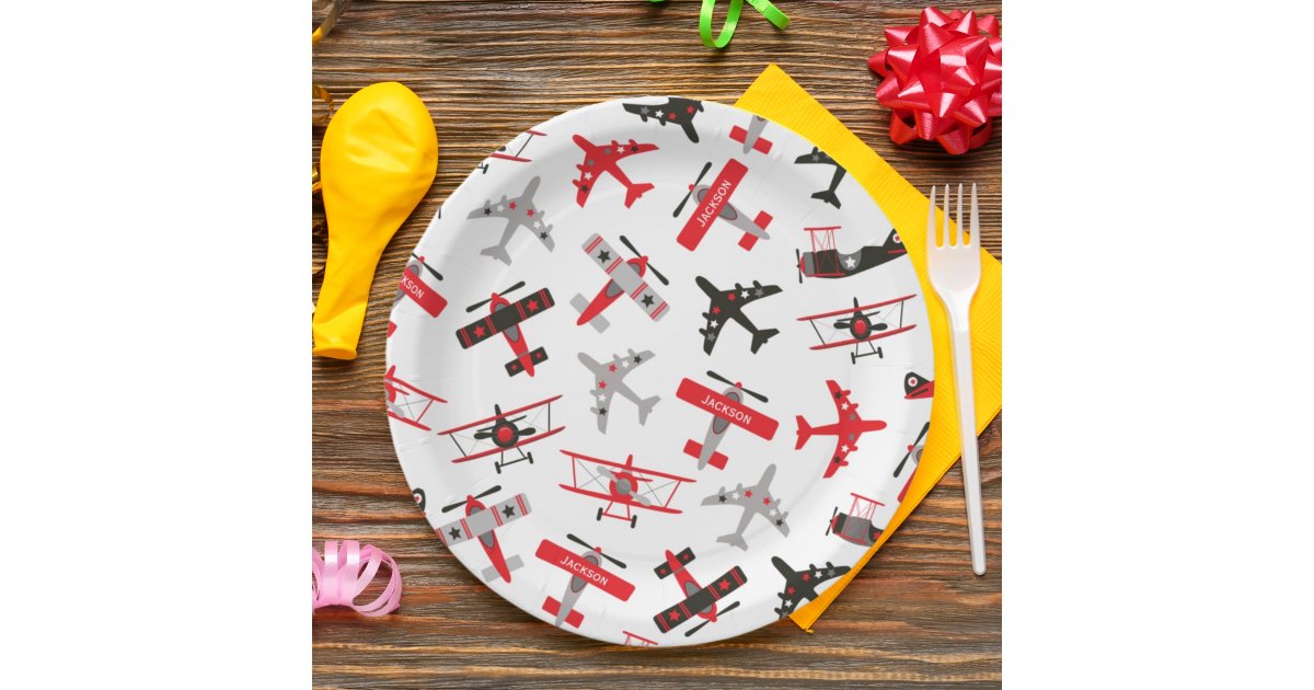 Retro Red and Black WWII Military Airplane Pattern Paper Plates | Zazzle