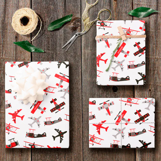 Retro Red and Black WWII Military Airplane Pattern Wrapping Paper ...