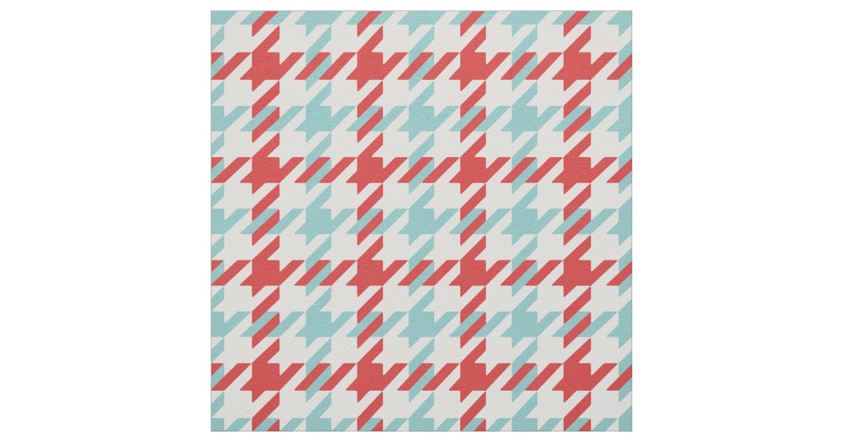 Retro red and turquoise houndstooth plaid pattern fabric | Zazzle