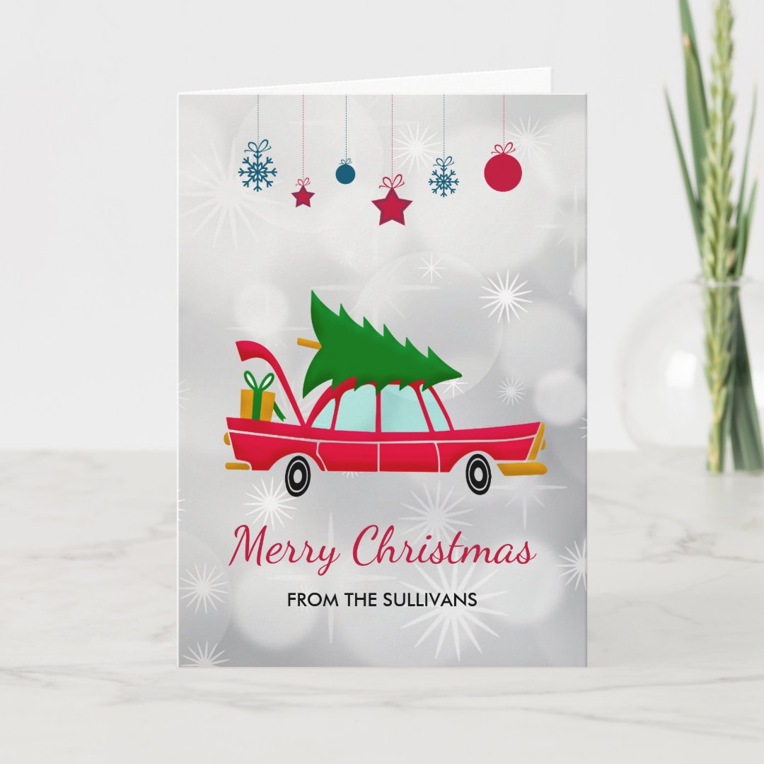 Retro Red Car Carrying a Christmas Tree Card | Zazzle