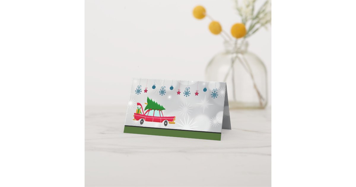 Retro Red Car Carrying a Christmas Tree Place Card | Zazzle