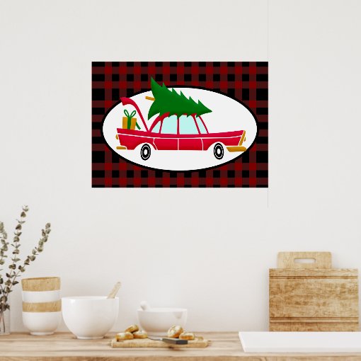 Retro Red Car Carrying a Christmas Tree Poster | Zazzle
