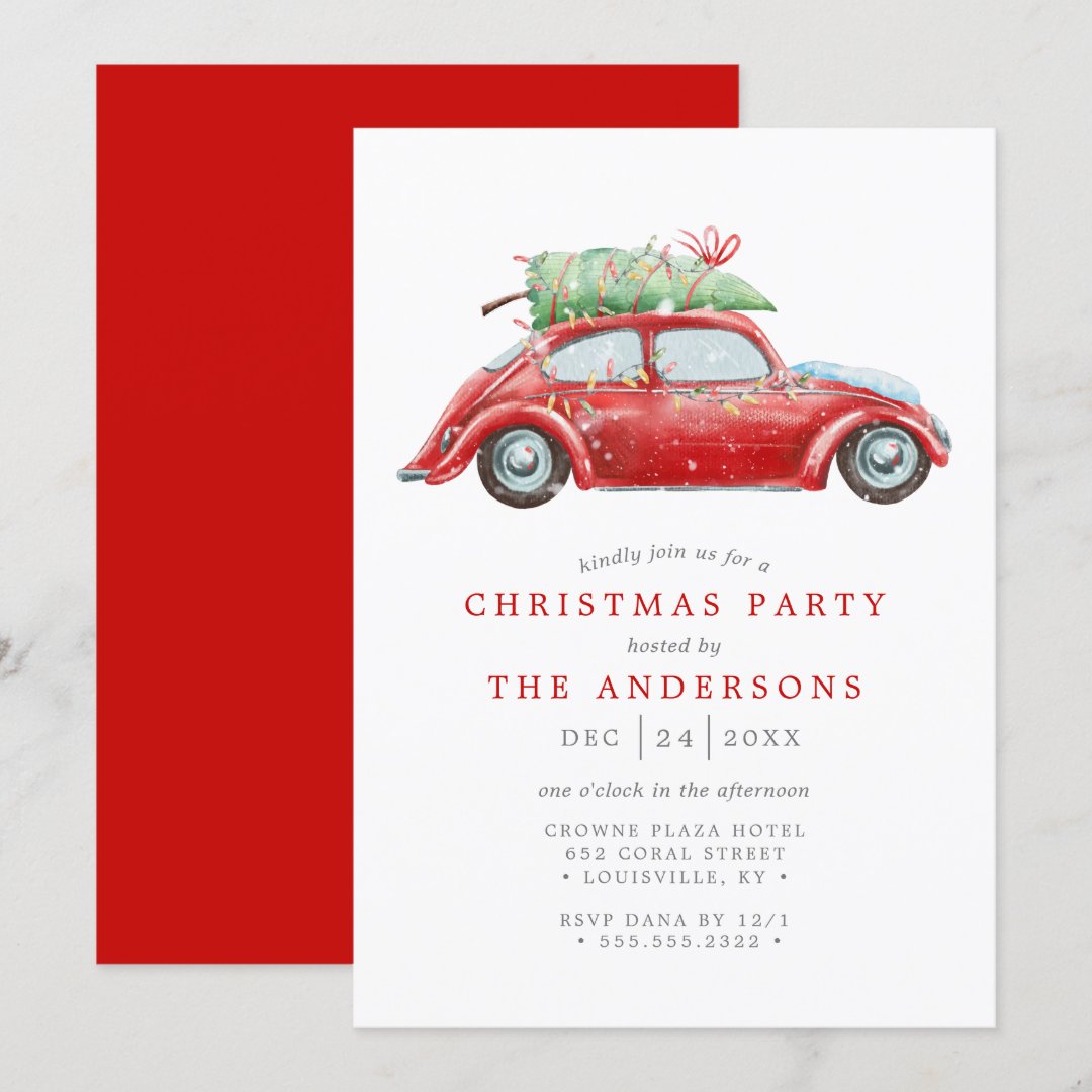 Retro Red Car Vintage Watercolor Christmas Party Invitation | Zazzle