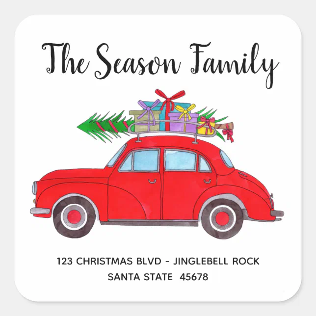 Retro Red Car with Christmas tree Square Sticker | Zazzle