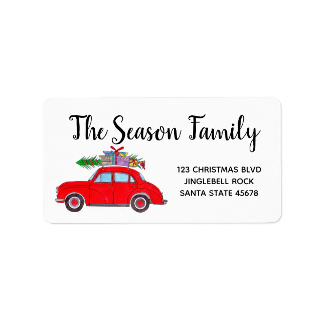 Retro Red Car with Christmas tree Watercolor Label | Zazzle