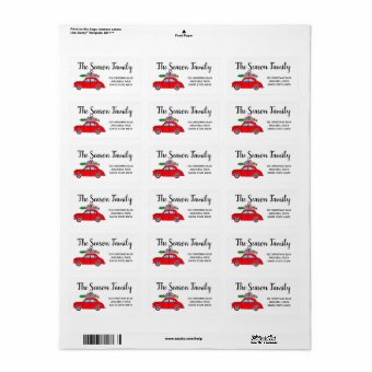 Retro Red Car with Christmas tree Watercolor Label | Zazzle