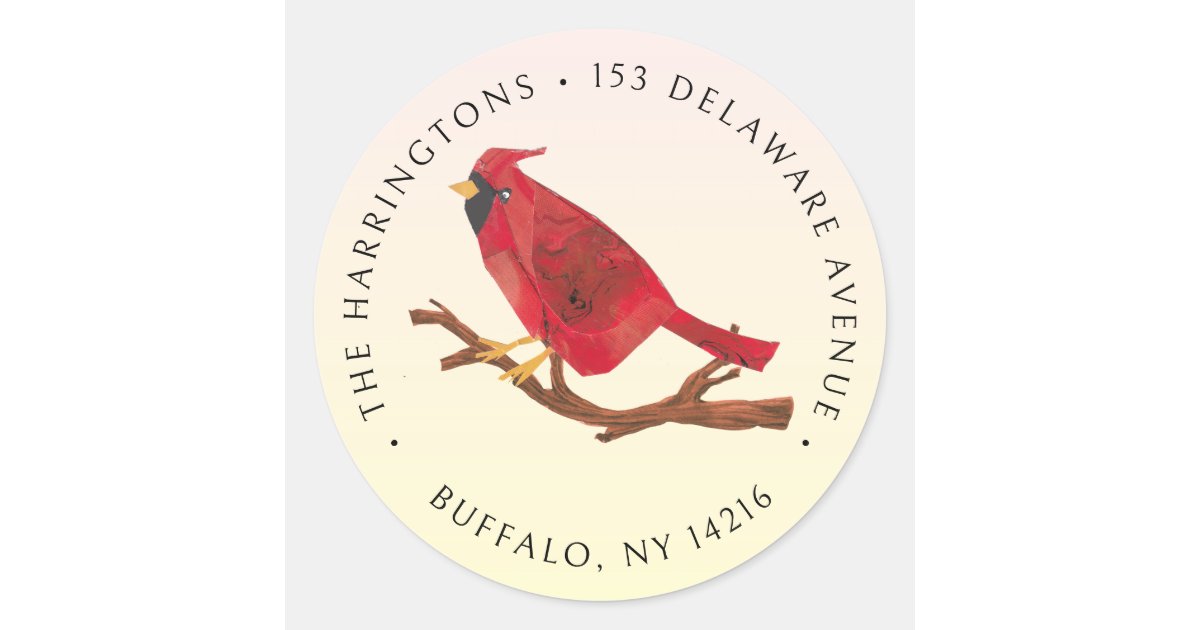 Retro Red Cardinal Hand-Illustrated Return Address Classic Round ...