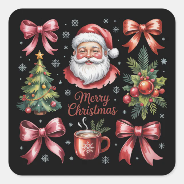Retro Red Coquette Christmas Cute Xmas Holiday Square Sticker | Zazzle