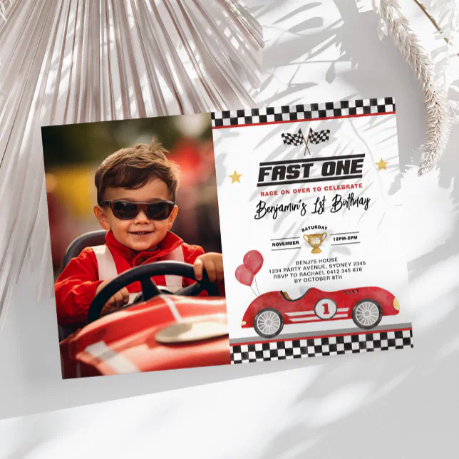 Retro Red Fast One Racing Car 1st Birthday Photo Invitation | Zazzle