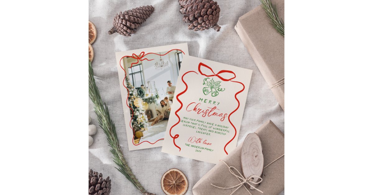 Retro Red Green Hand Drawn Written Photo Christmas Holiday Card | Zazzle