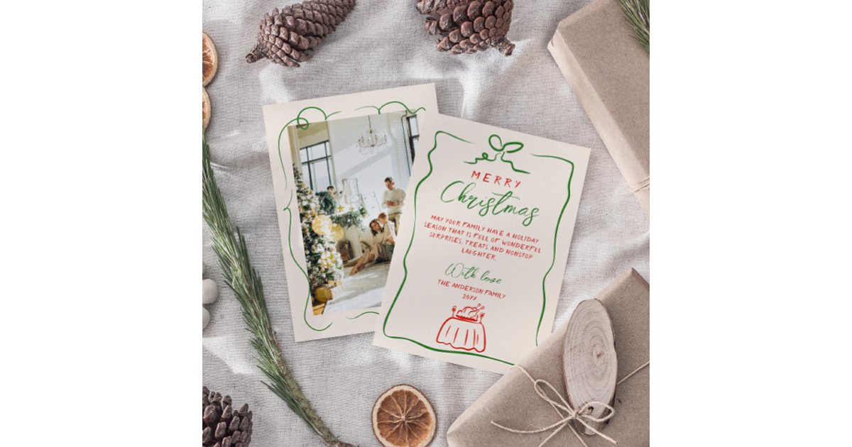 Retro Red Green Hand Written Drawn Photo Christmas Holiday Card | Zazzle