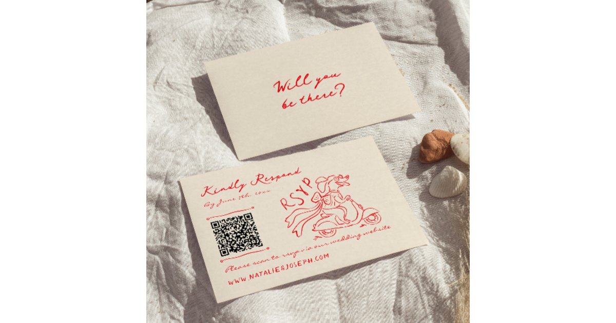 Retro Red Hand Drawn Quirky Cute QR Code Wedding RSVP Card | Zazzle