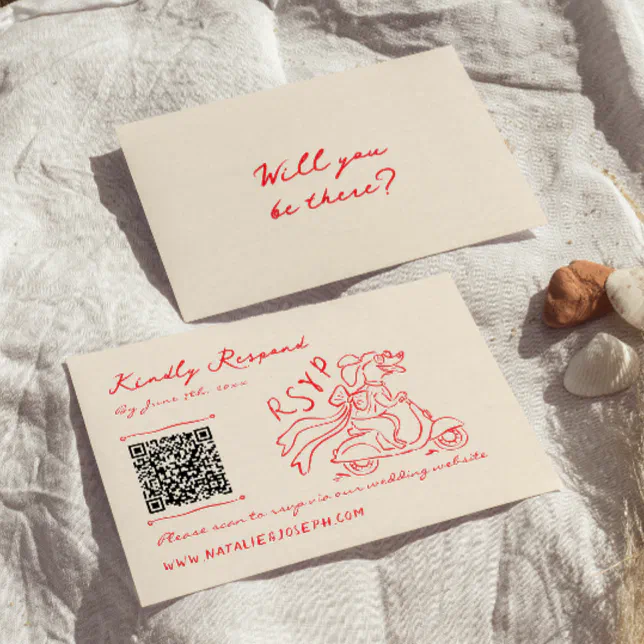 Retro Red Hand Drawn Quirky Cute QR Code Wedding RSVP Card | Zazzle